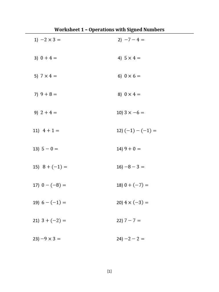 Worksheets - Week 1 - Operations With Signed Numbers | PDF