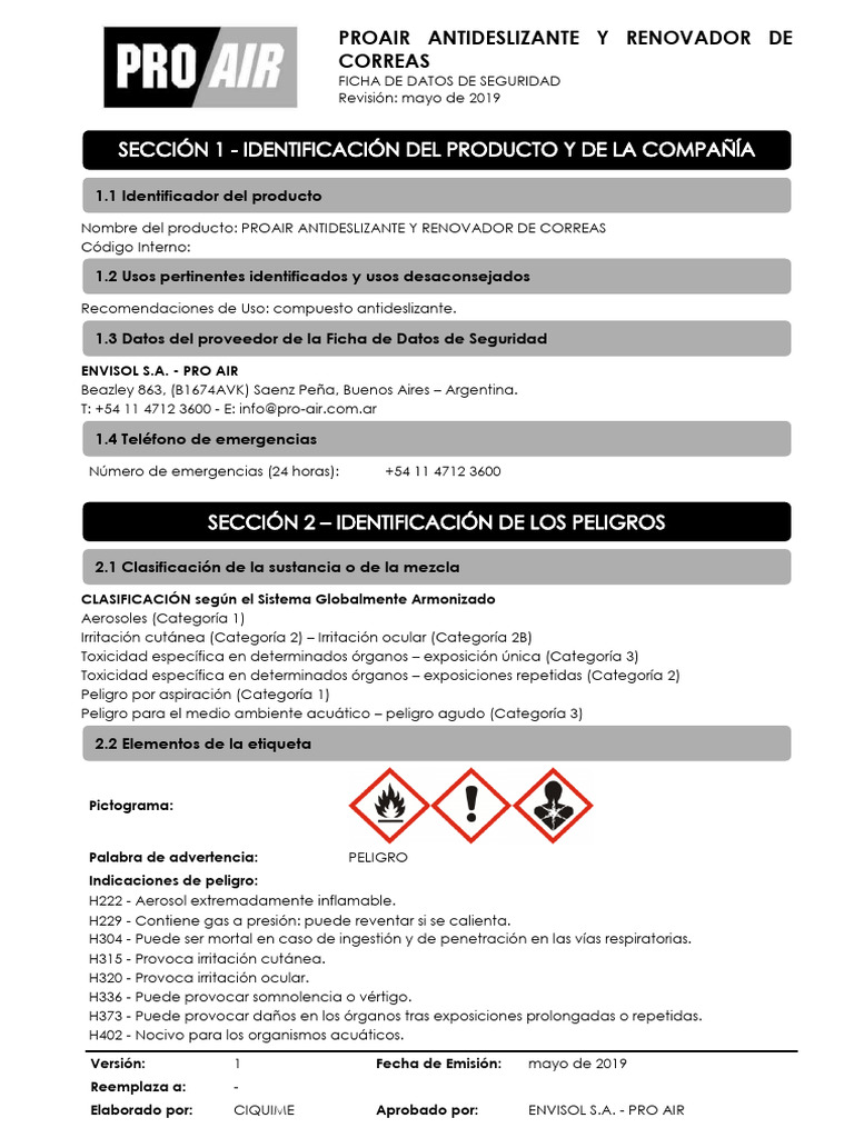 Ficha de Seguridad PROAIR | PDF | Agua | Salud y bienestar