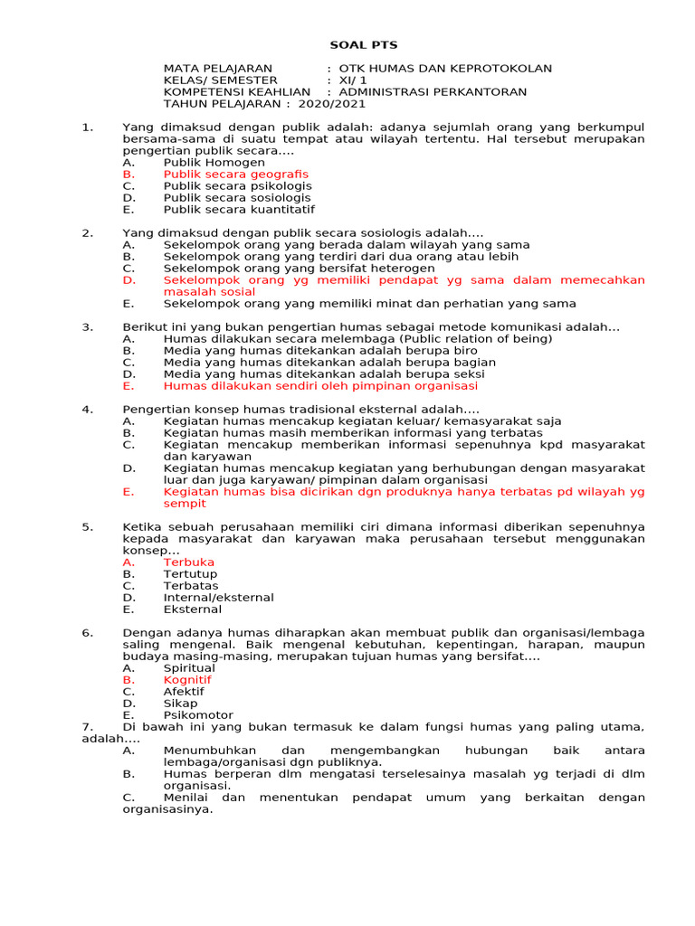 Kelas 11 MP Soal PTS OTK Humas Dan Keprotokolan | PDF