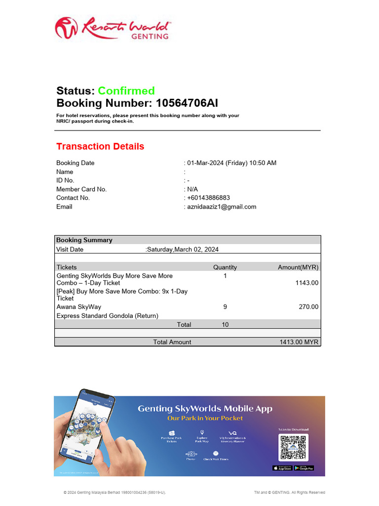 Booking Ticket 9 pax for Skyworld_Awana Gondola | PDF