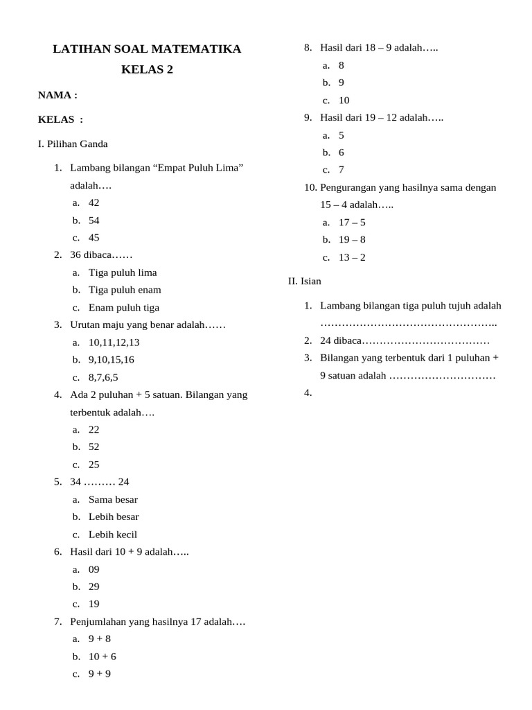 LATIHAN SOAL MATEMATIKA KELAS 2 Sts | PDF