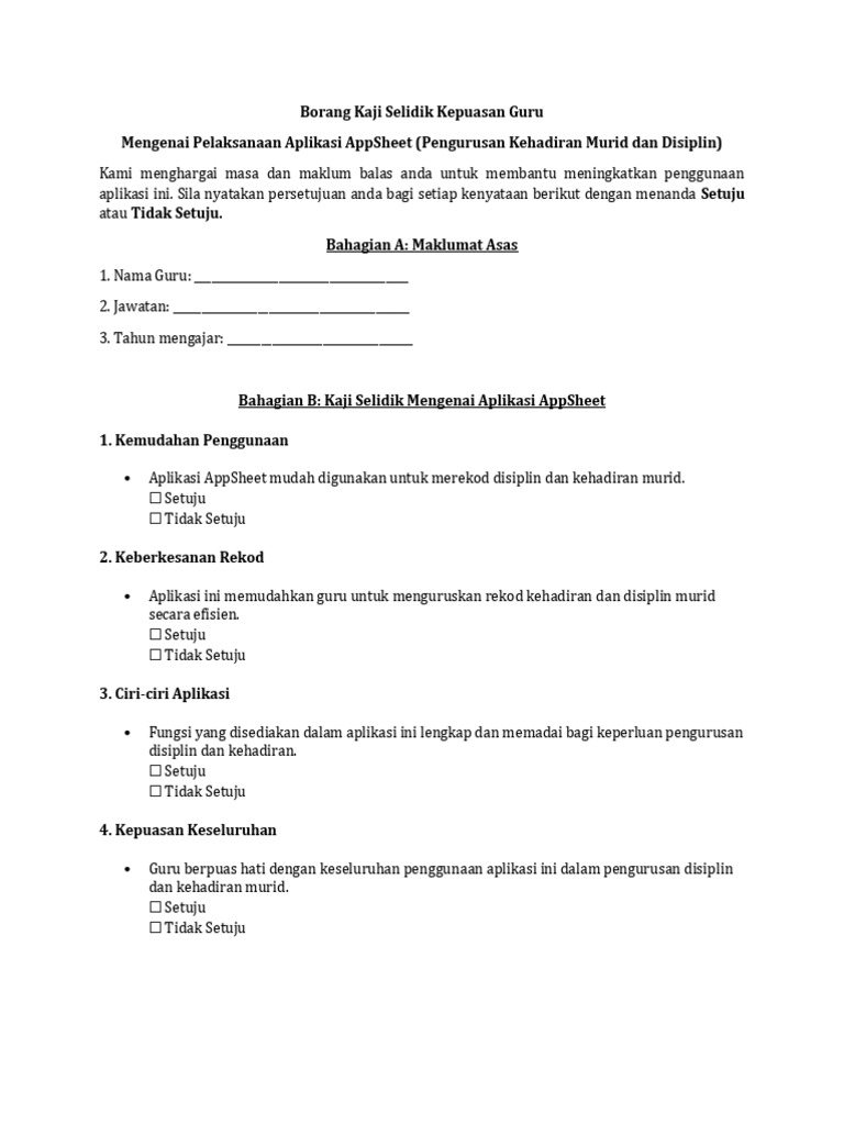Borang Kaji Selidik Kepuasan Guru AppSheet | PDF