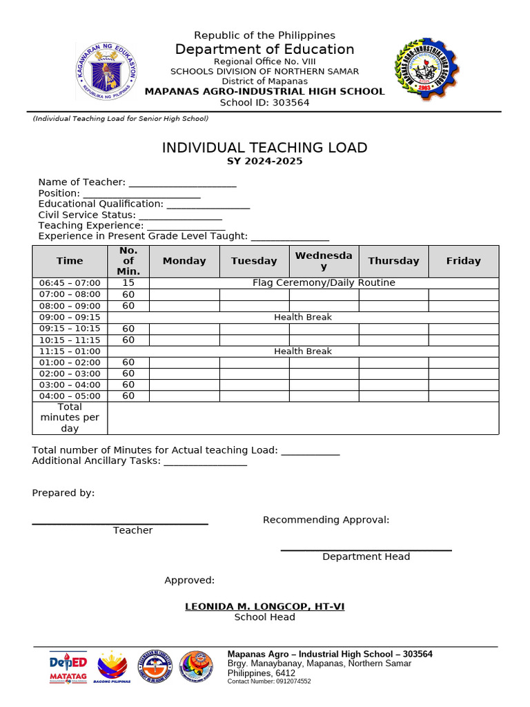 Individual Teaching Load For Senior High School | PDF