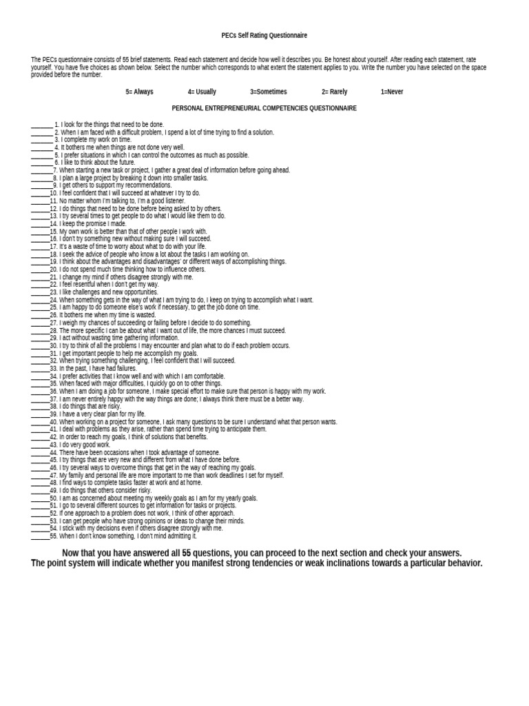 PECs Self Rating Questionnaire 1 | PDF