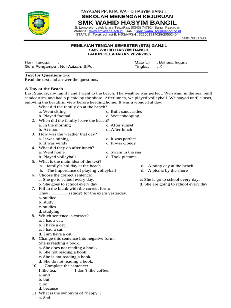 Soal STS Ganjil - Kelas X - Bahasa Inggris | PDF