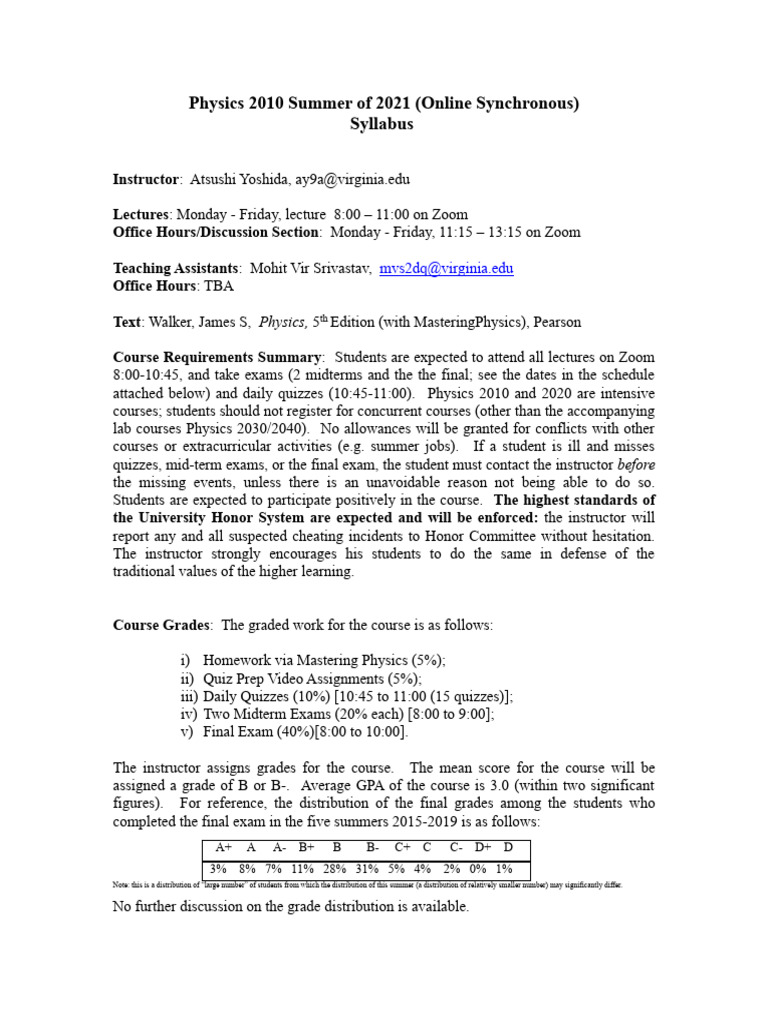 Physics 2010 Summer of 2021 (Online Synchronous) Syllabus | PDF