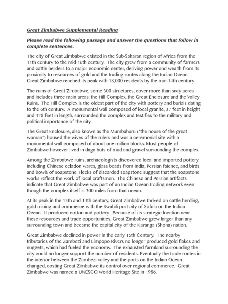 Great Zimbabwe Reading Comprehension Guide | PDF | Zimbabwe