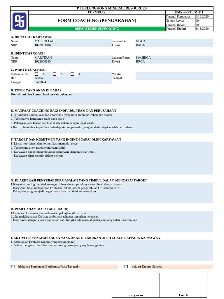 Bmr-sppt-fm-012 Rev. 00 Form Coaching | PDF