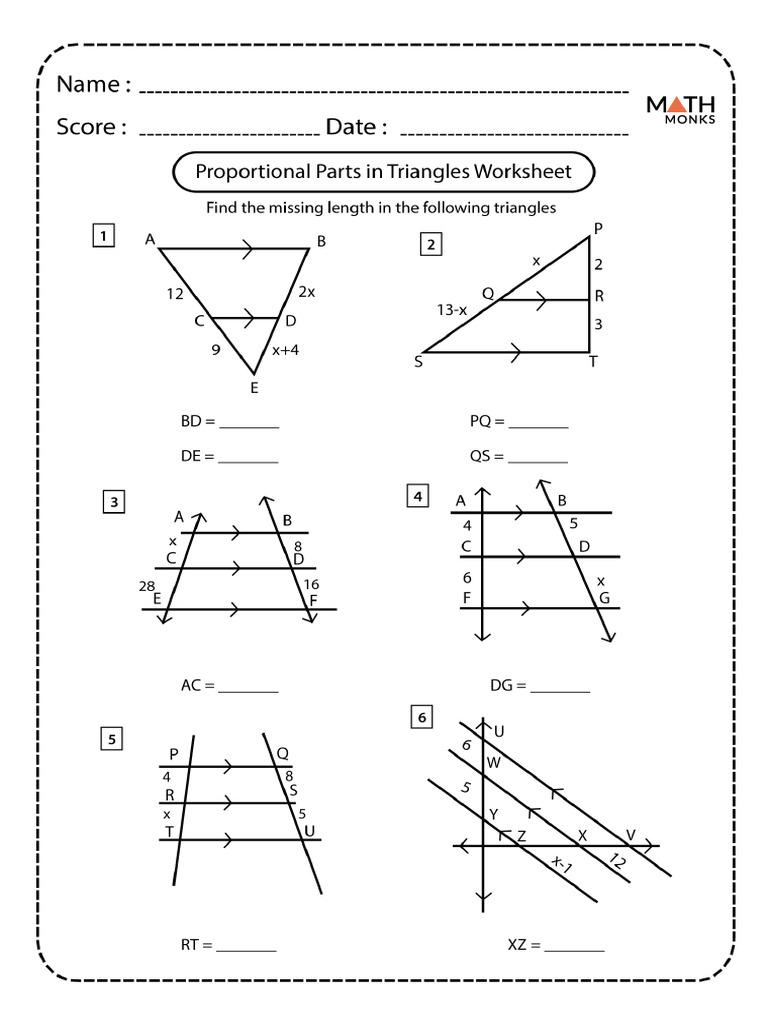 Proportions in Triangles Worksheet 1 | PDF