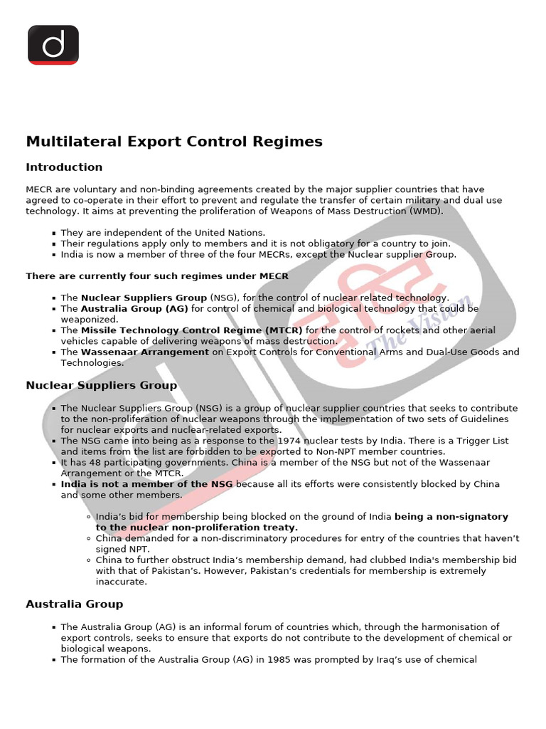Multilateral Export Control Regimes | PDF