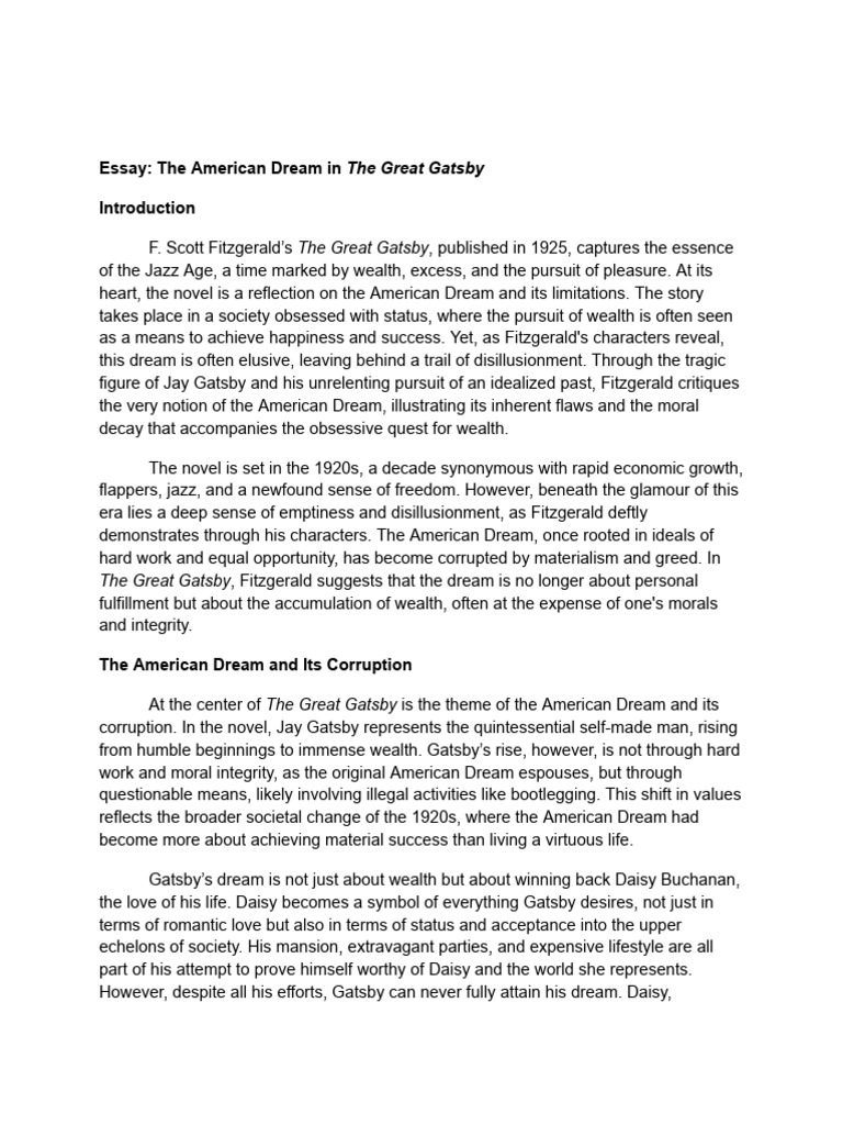 Essay - The American Dream in The Great Gatsby | PDF