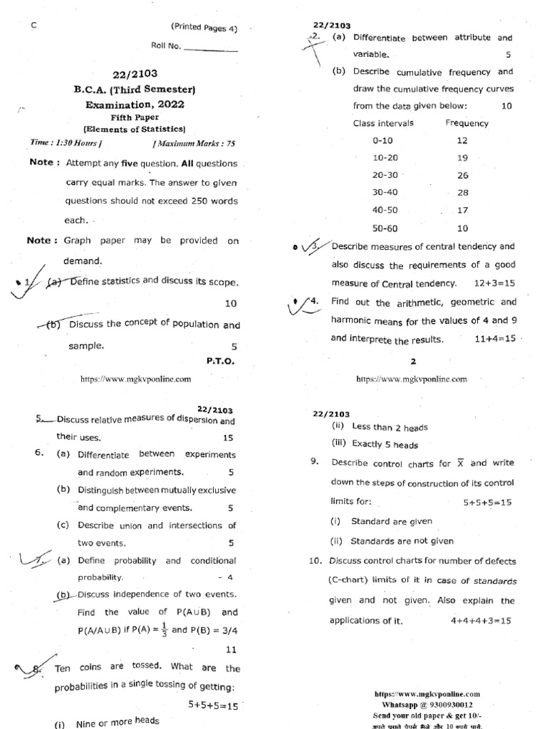Bca 3 Sem Elements of Statistics 2103 2022 | PDF