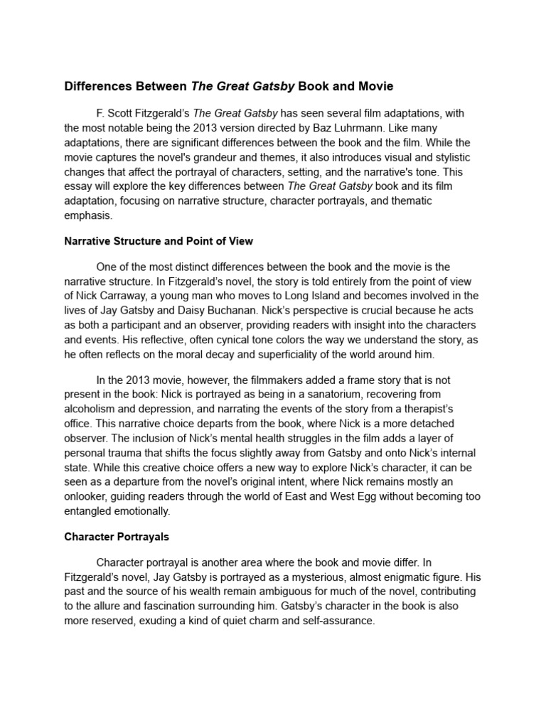 Differences Between The Great Gatsby Book and Movie | PDF