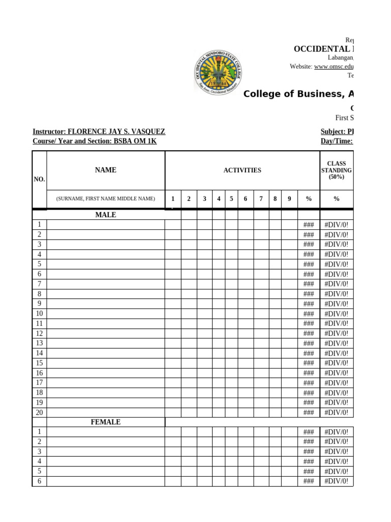 Sample Class Record Pdf