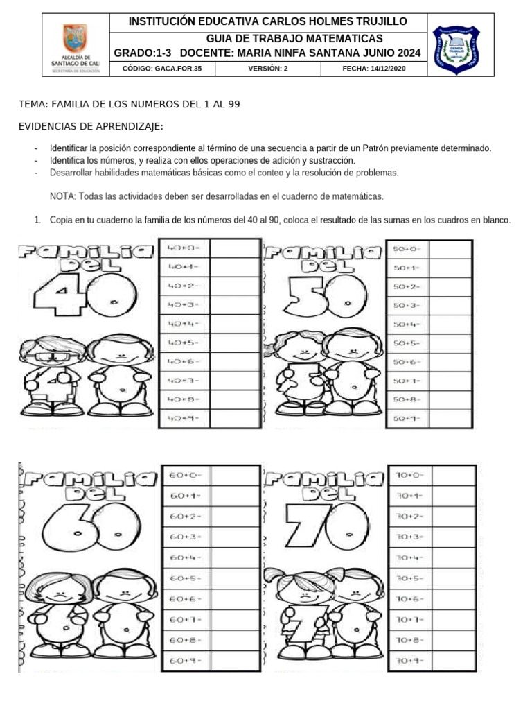 GUIA MATEMATICAS FAMILIA DE LOS NUMEROS | PDF