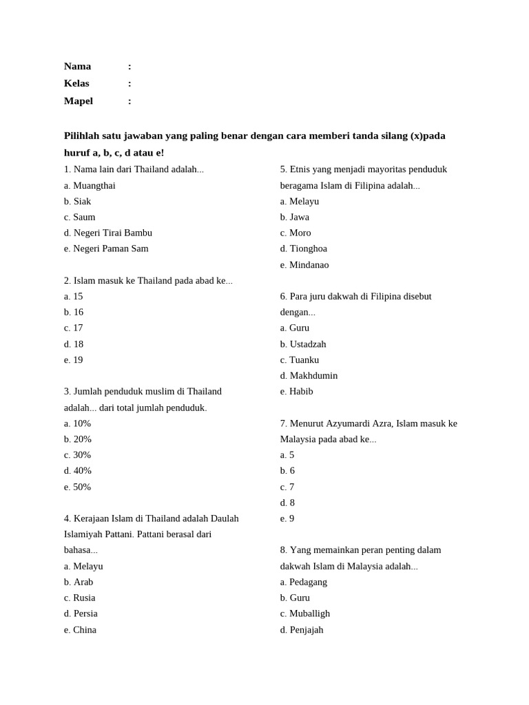Latihan soal SKI kelas 12 bab asia tenggara | PDF