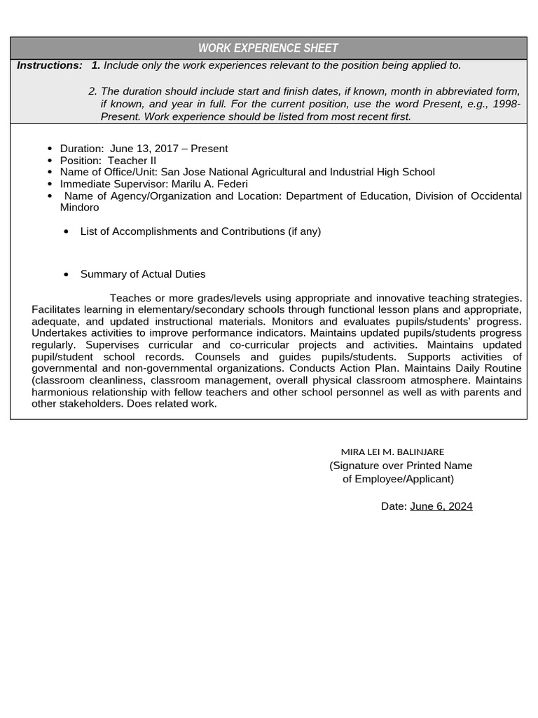 CS Form No. 212 Attachment - Work Experience Sheet | PDF