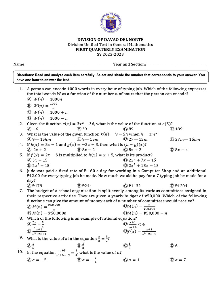 G11 - GenMath - TQ-Answer Key | PDF
