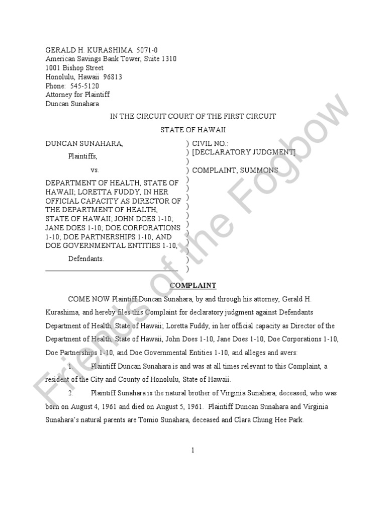 Sunahara v. Hawaii Dept. of Health, Et Al. Complaint For Declaratory Judgment | PDF | Birth ...