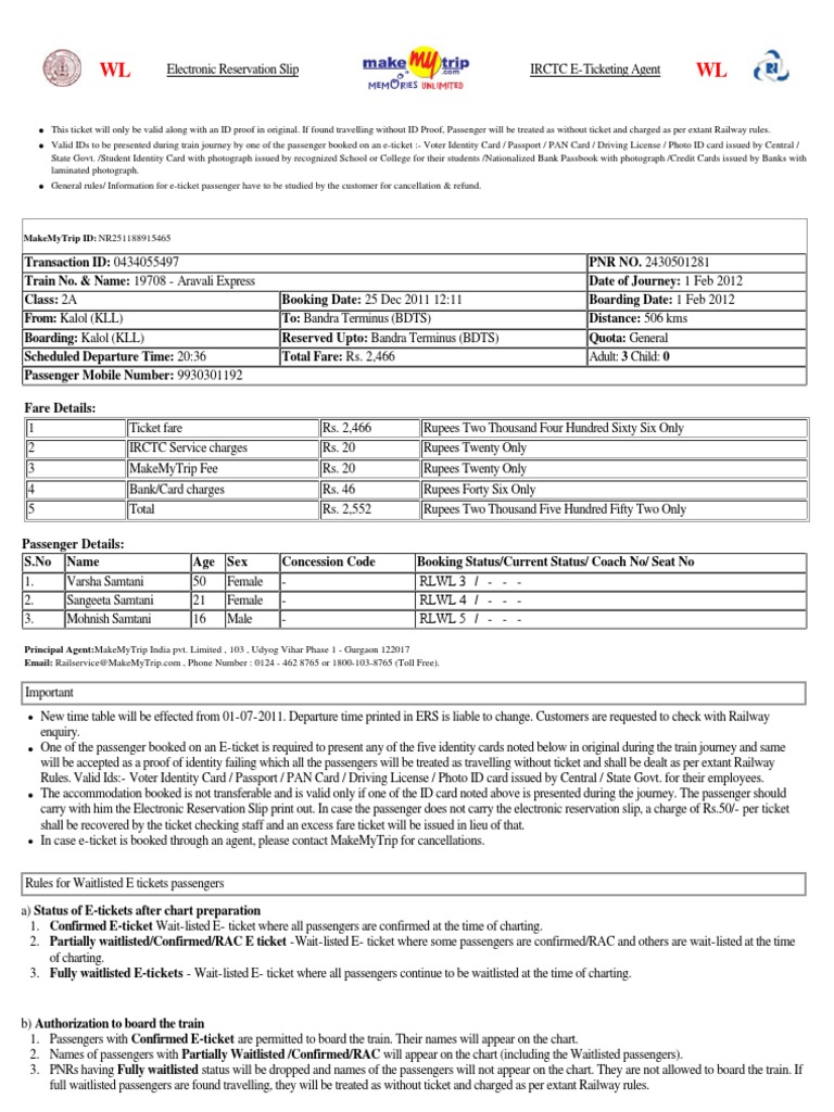 Rail E-Ticket - NR251188915465 - PNR 2430501281 - KLL-BDTS | PDF ...