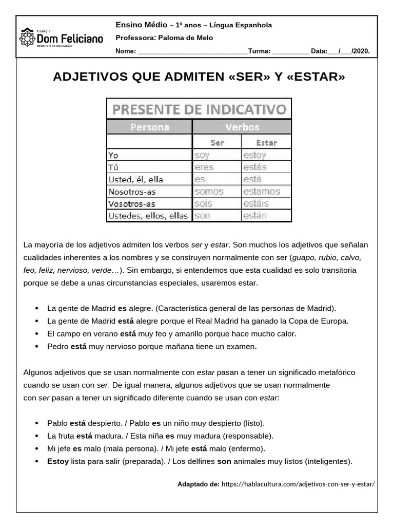 Adjetivo Con Ser y Estar (0,5 Punto) | PDF