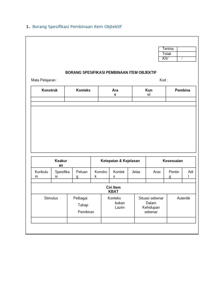 Borang Spesifikasi Pembinaan Item | PDF