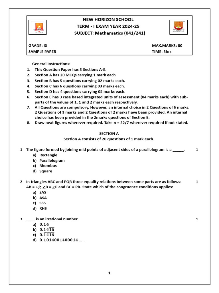 Grade 9 Term 1 Sample Paper Math-2 | PDF