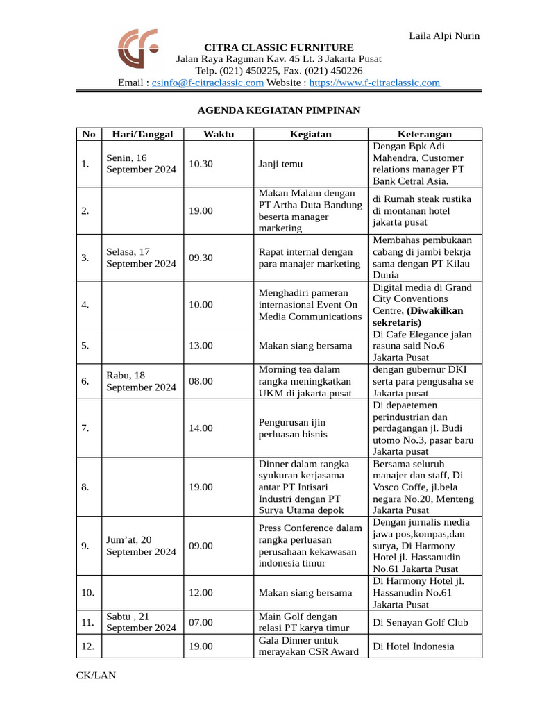 Agenda Kegiatan Pimpinan | PDF