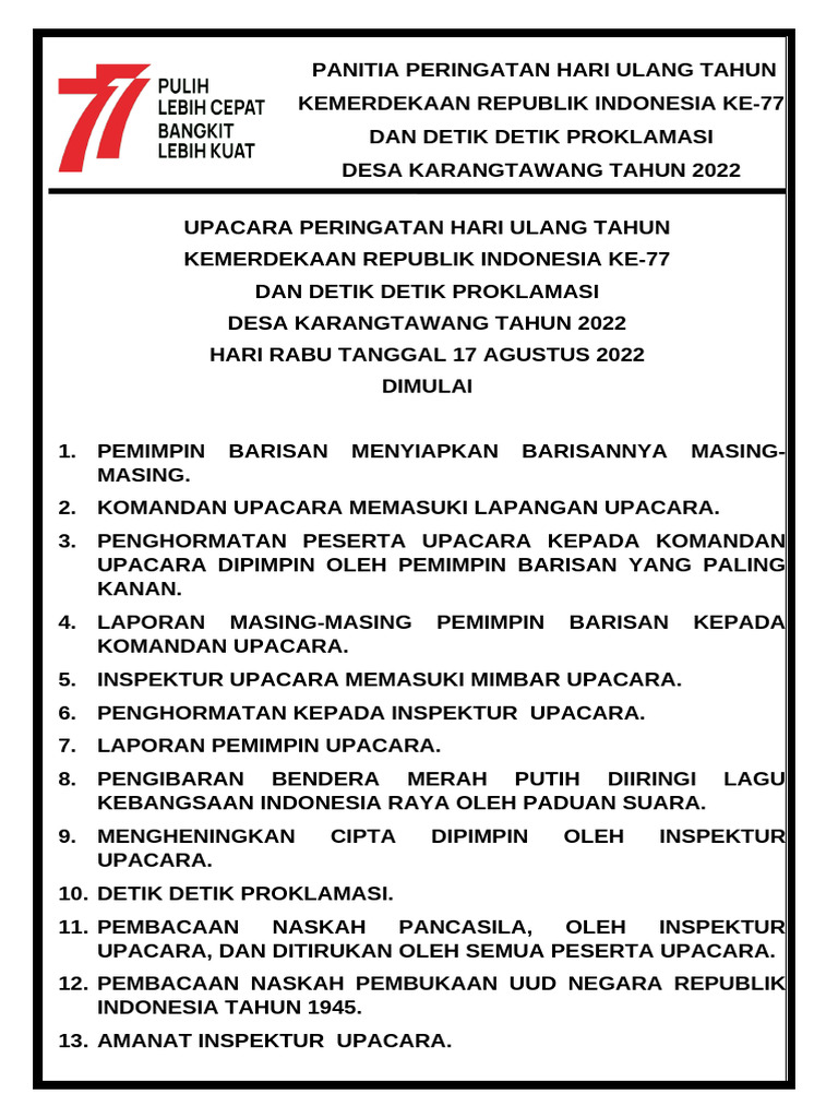 Upacara Hut Ri Ke 77 Tahun 2022 | PDF