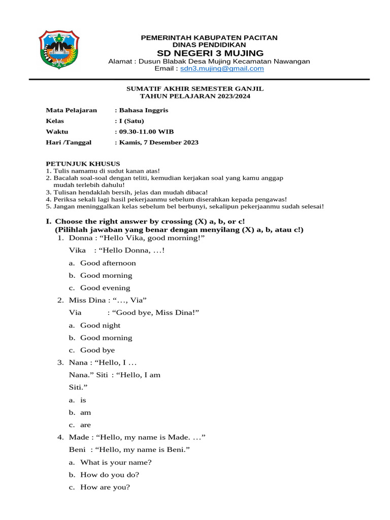 Soal Sas Semester 1 Bahasa Inggris Kelas 1 | PDF