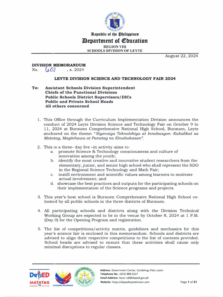 DM No.602, s.2024 Leyte Division Science and Technology Fair 2024 | PDF