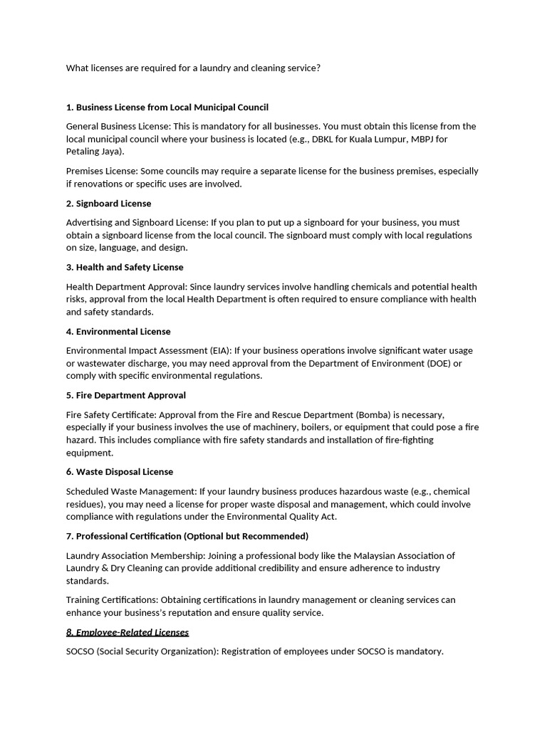 What Licenses Are Required For A Laundry and Cleaning Service | PDF