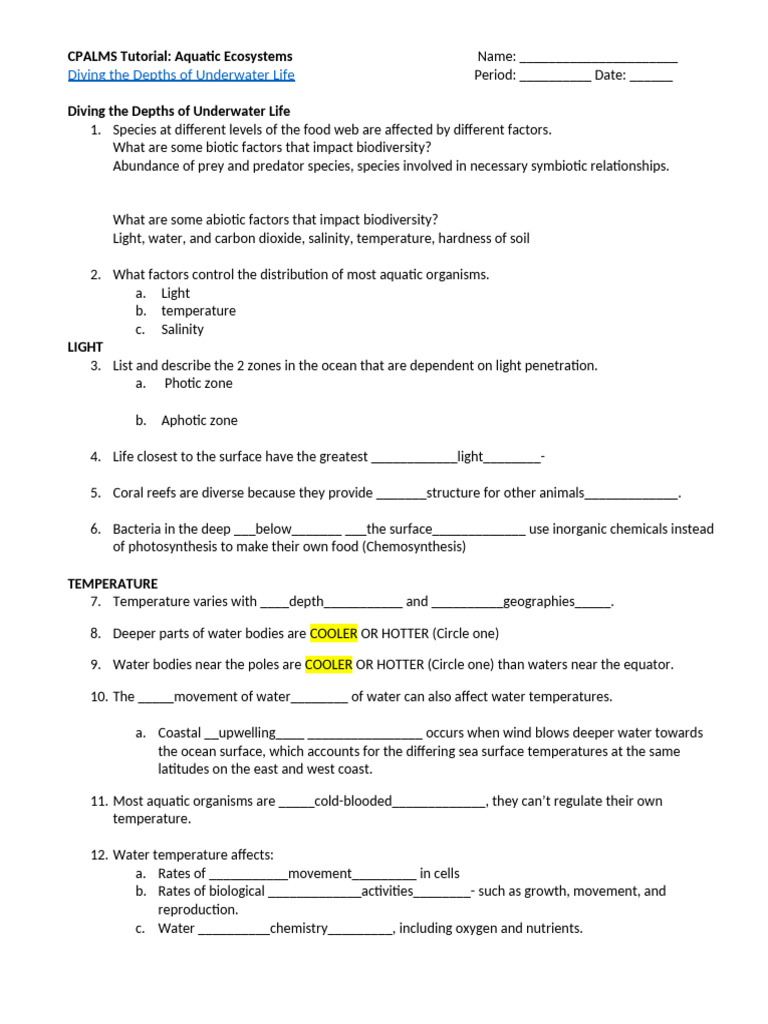 CPalms Tutorial Aquatic Ecosystems Rev 2 | PDF