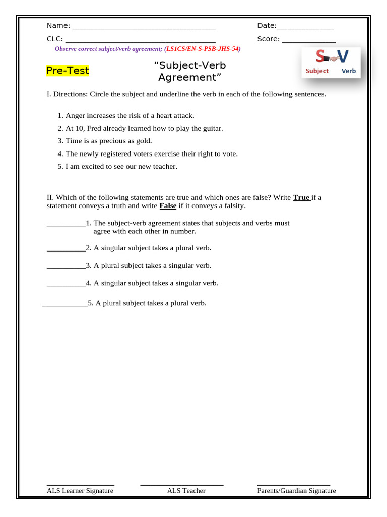 LS1 Eng. Worksheets-Subject-verb Agreement | PDF