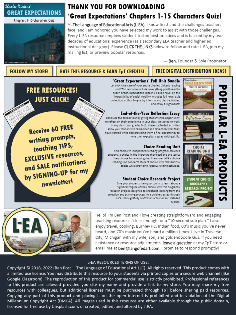 2 - 'Great Expectations' Chapters 1-15 Quiz FREEBIE - Editable PDF ...