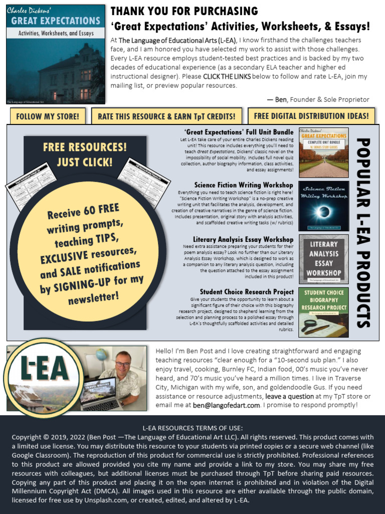 4 - 'Great Expectations' Activities, Notes, Worksheets, & Essays W ...