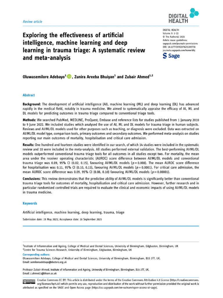 Exploring Effectiveness of AI in Trauma Triag Sys Review and Meta ...