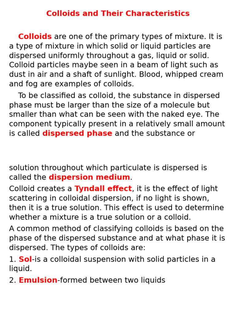 Colloids and Their Characteristics | PDF