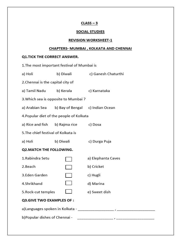 Revision Worksheet-1 Class 3 | PDF