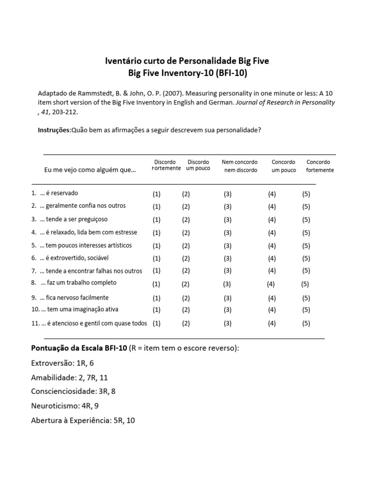 Inventário curto Personalidade The Big Five | PDF
