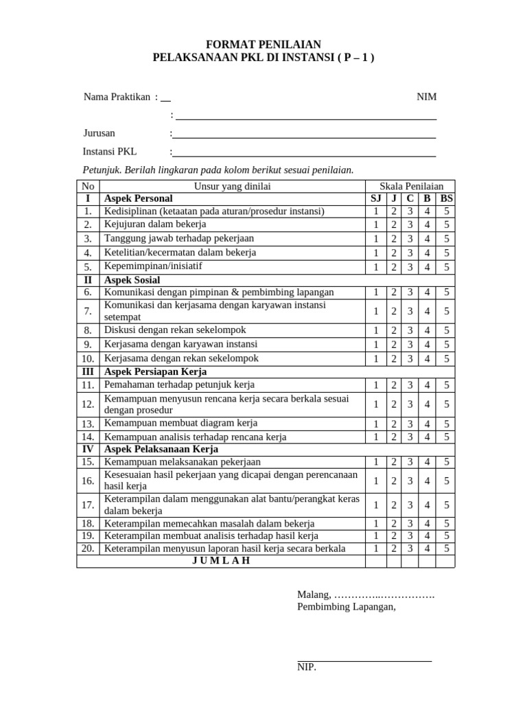 Format Penilaian PKL | PDF
