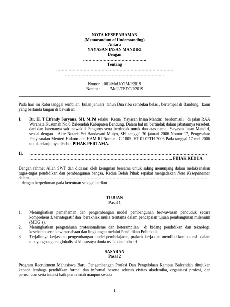 Draft Isian Untuk MOU | PDF