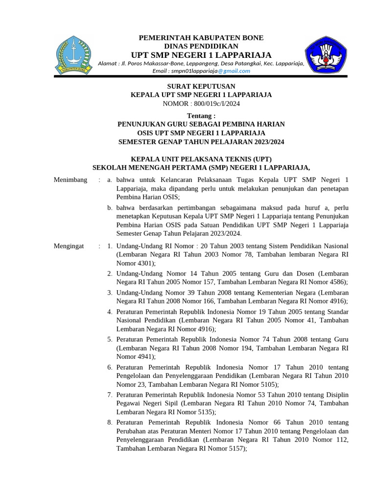 019c - SK. Pembina Harian OSIS Dari Kepsek (Genap 2023-2024) - OK | PDF