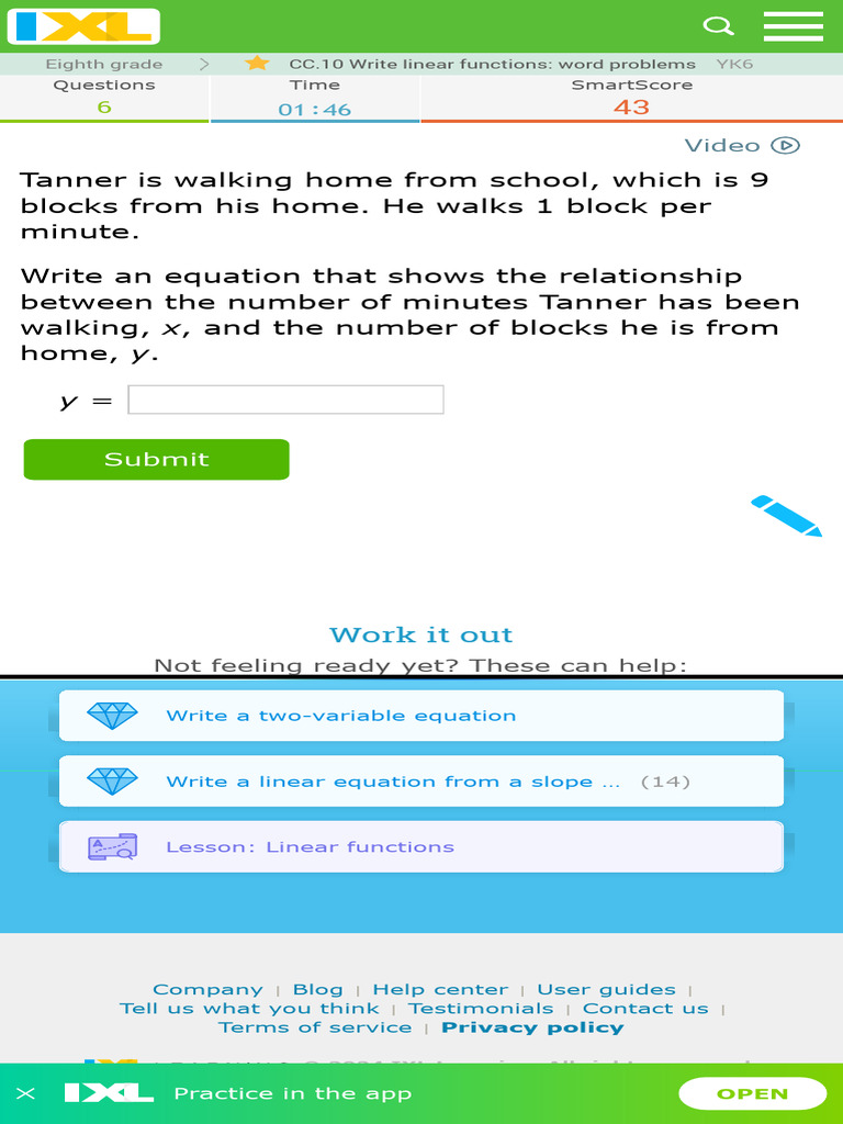 IXL Write Linear Functions Word Problems 8th Grade Math | PDF