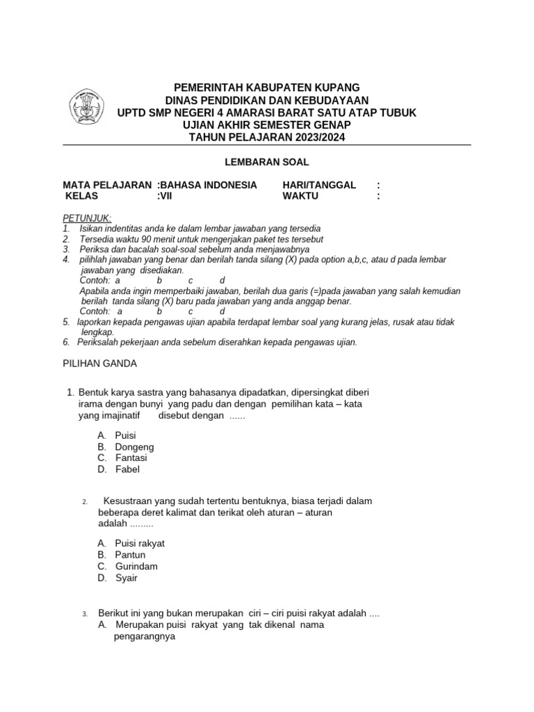 SOAL BINDO KELAS 7 SMSTR 2 2024 | PDF