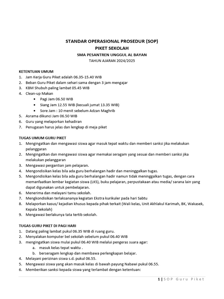 Standar Operasional Prosedur Piket Sekolah TP 2024-2025 | PDF
