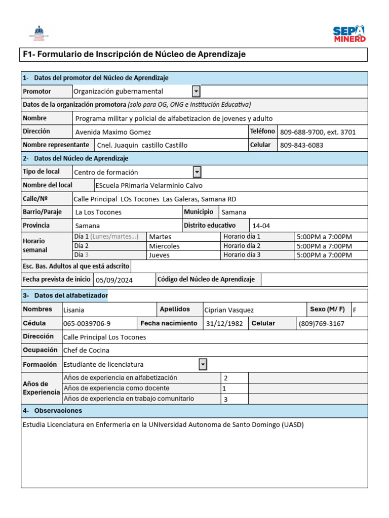 formulario 1 Lisania Ciprian Vasquez 2024 | PDF