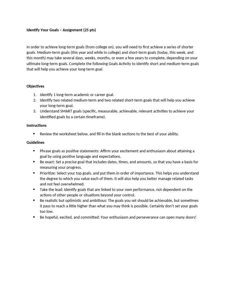 Identify Your Goals Worksheet | PDF