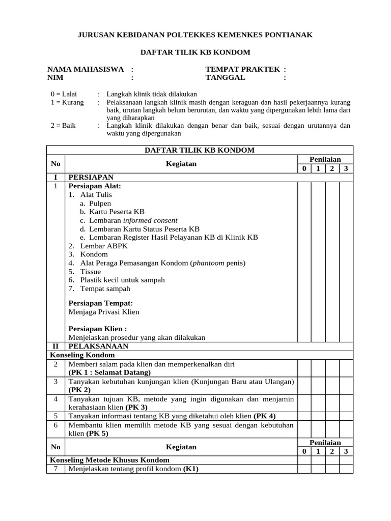 Daftar Tilik KB Pil, Kondom, Dan Suntik | PDF