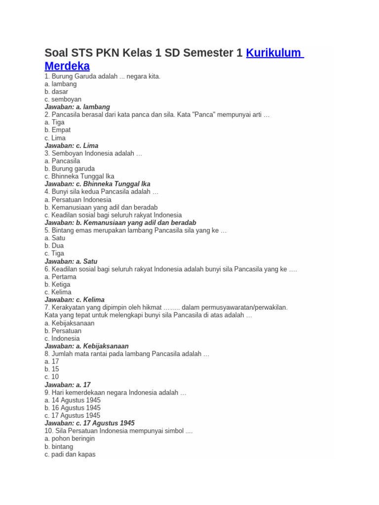 Soal STS PKN Kelas 1 SD Semester 1 | PDF